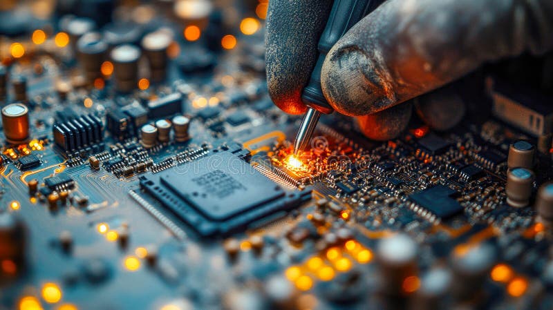 A Close-up of a Technician S Hand Carefully Repairing a Glowing Circuit ...
