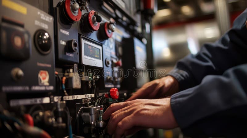 Technician Operating Industrial Control Panel with Buttons and Display ...