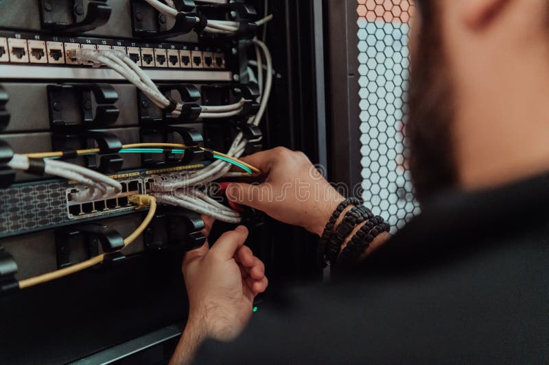 Close Up of Technician Setting Up Network in Server Room Stock Photo ...