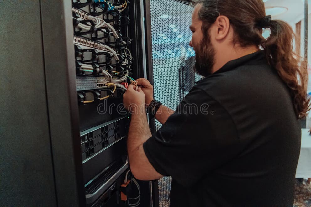 Close Up of Technician Setting Up Network in Server Room Stock Photo ...