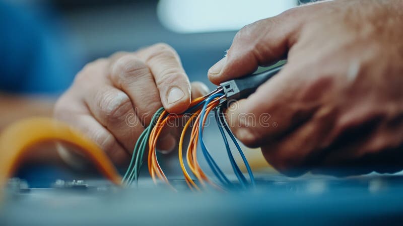 Close-up of a Technicians Hands Working with Colorful Wires, Connecting ...