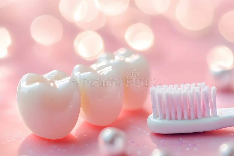 Close-up of Teeth Model and Toothbrush on Sparkling Pink Background ...