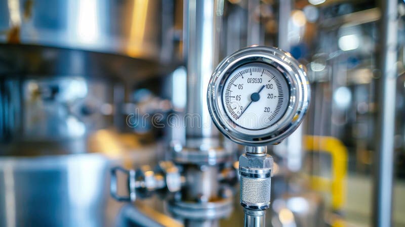 Close-up of a Temperature Sensor Gauge in a Manufacturing Setting ...