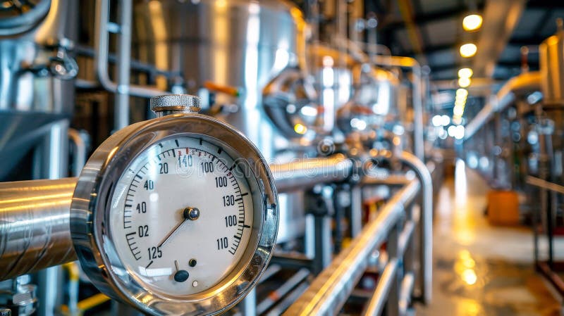 A Close-up of a Temperature Sensor Gauge Mounted on a Pipe in a Modern ...