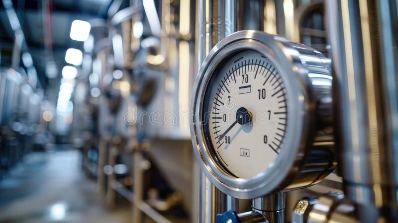 A Close-up of a Temperature Sensor Gauge Mounted on a Pipe in a Modern ...