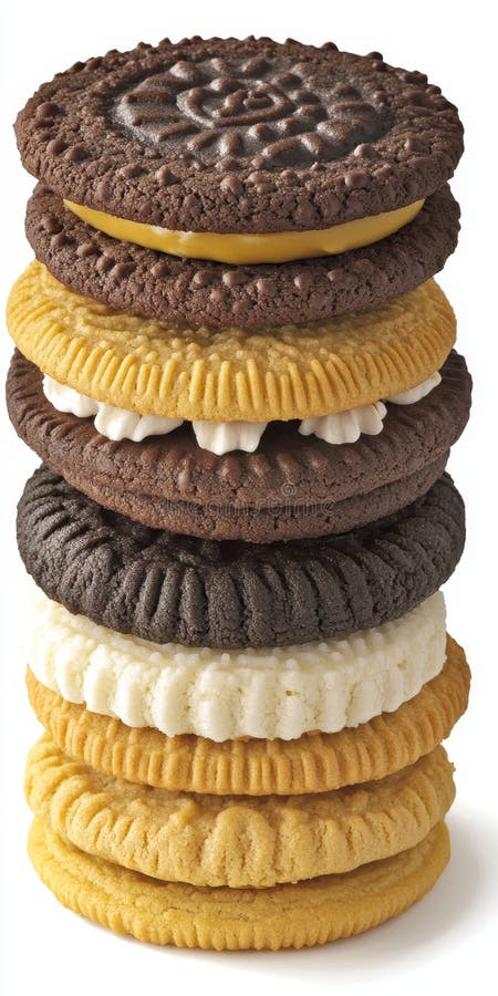 Close-up, Tempting Stack of Assorted Cream-filled Sandwich Biscuits ...