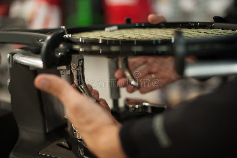 Close Up of Tennis Stringer Hands Doing Racket Stringing Stock Image ...