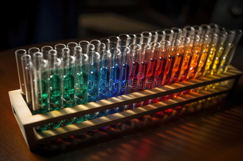 Close-up of Test Tube Rack, with Tubes Filled with Colorful Solutions ...