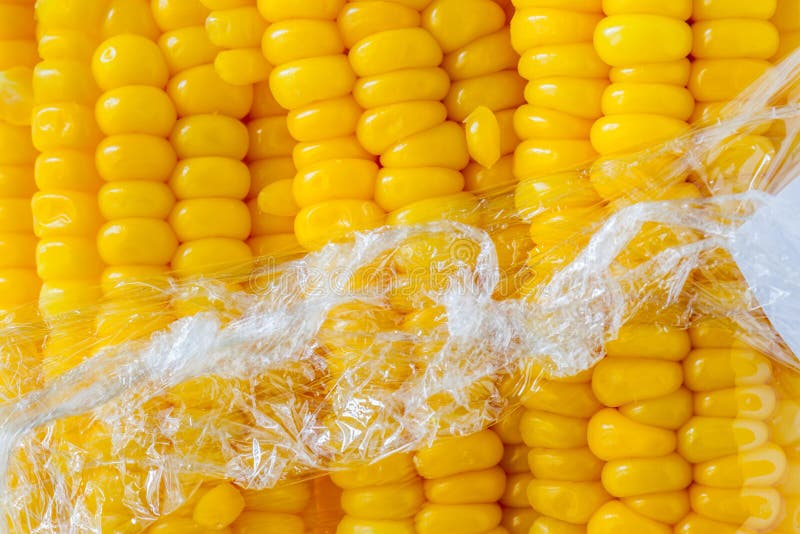Close Up Texture of Boiled Sweet Corn Wrapped by Plastic Package Stock ...