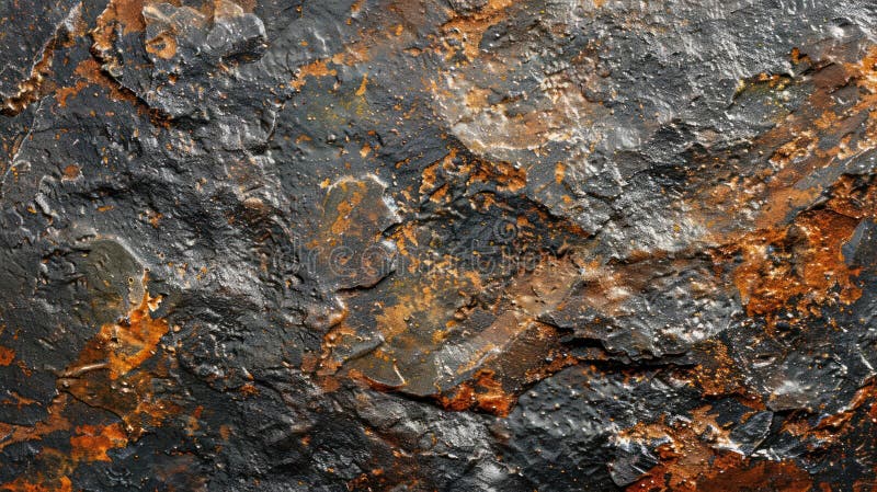 Close-up Texture of Dark Rough Stone with Orange Rust Streaks Stock ...
