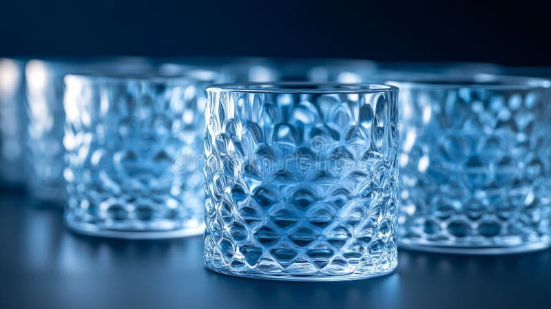 Close-up of Textured Clear Glass Tumblers in a Blue Setting Stock Image ...
