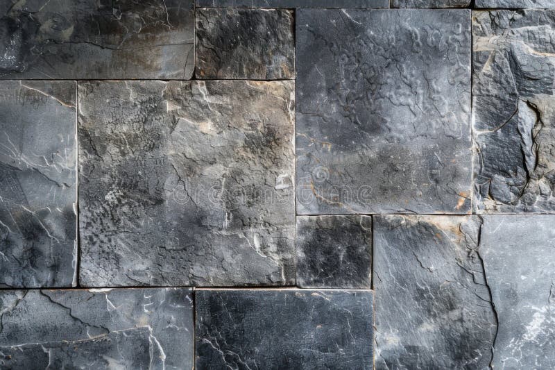 Close-up of a Textured, Dark Slate Stone Wall with Various Rectangular ...