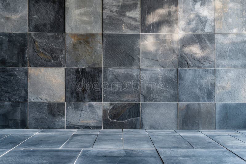 Close-up of a Textured, Dark Slate Stone Wall with Various Rectangular ...