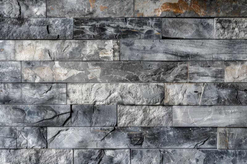 Close-up of a Textured, Dark Slate Stone Wall with Various Rectangular ...
