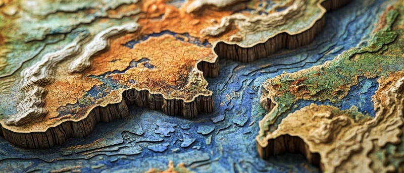 "CLOSE-UP of TEXTURED and LAYERED 3D MAP SHOWING LAND and WATER ...