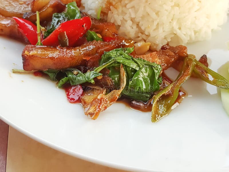 Close-up,Thai Food:fried Basil with Crispy Pork Egg. Stock Image ...