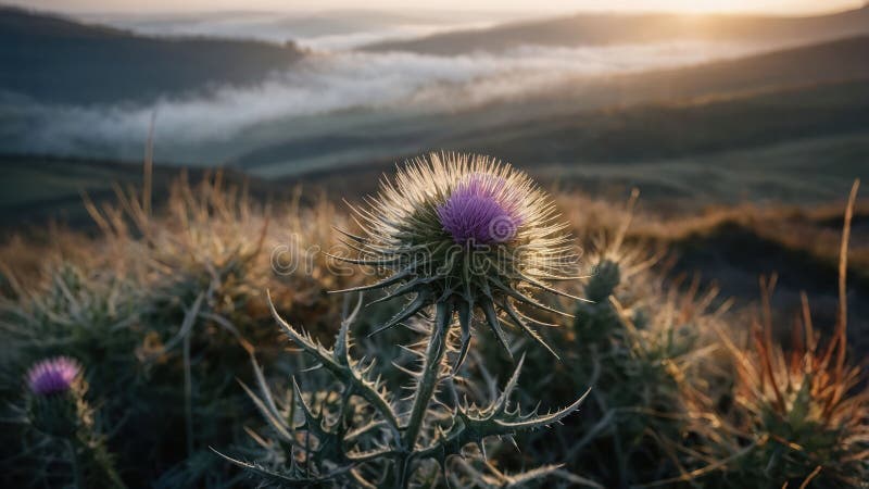 Majestic Thistle Blooming at Sunrise Over Misty Valley Stock ...