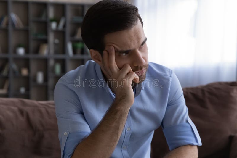 Close Up Thoughtful Man Looking in Distance, Lost in Thoughts Stock ...