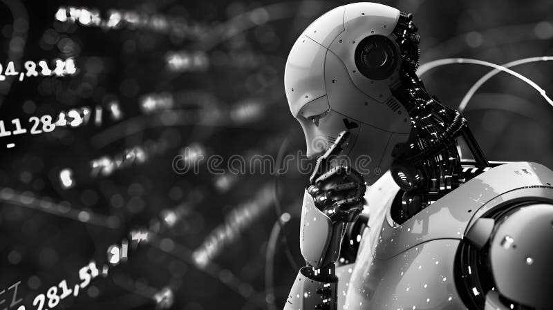 Artificial Intelligence Robot Contemplating Data, Black and White Image ...