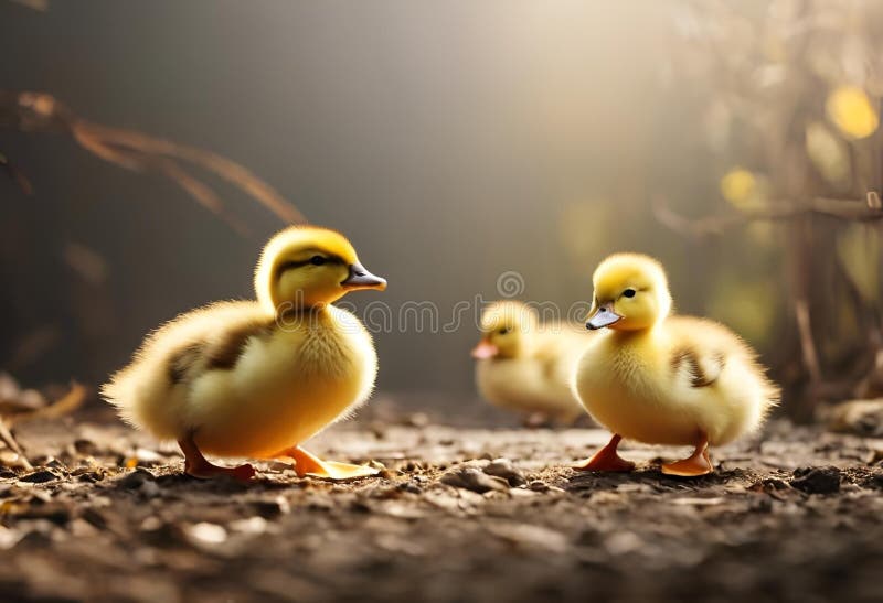 Close-up of Three Adorable Ducklings Standing on a Sunlit Path in the ...