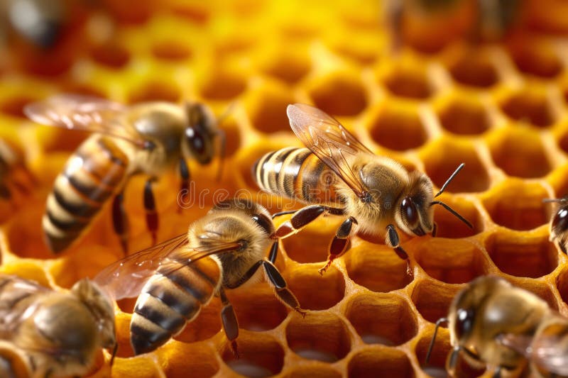 Close-up of Three Bees on a Honeycomb. the Concept of Beekeeping Stock ...