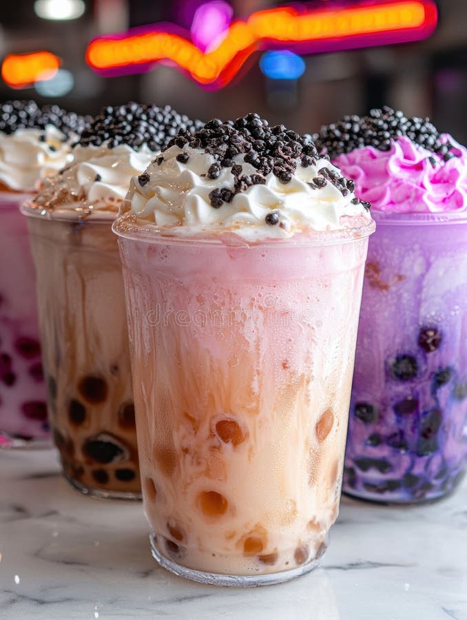 Close-up of Three Creamy Bubble Tea Drinks with Tapioca Pearls Stock ...