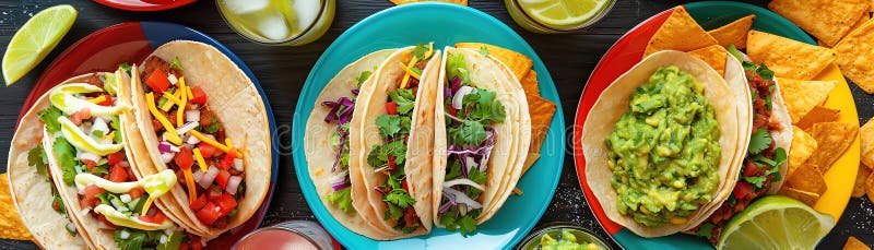 Close-up of Three Different Types of Tacos with Various Toppings Stock ...