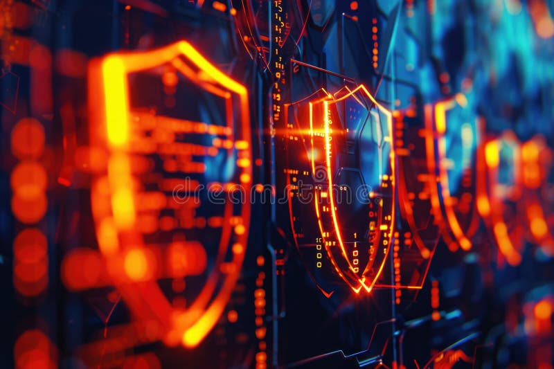 Close Up of Three Glowing Orange Shields with Numbers on Them Stock ...