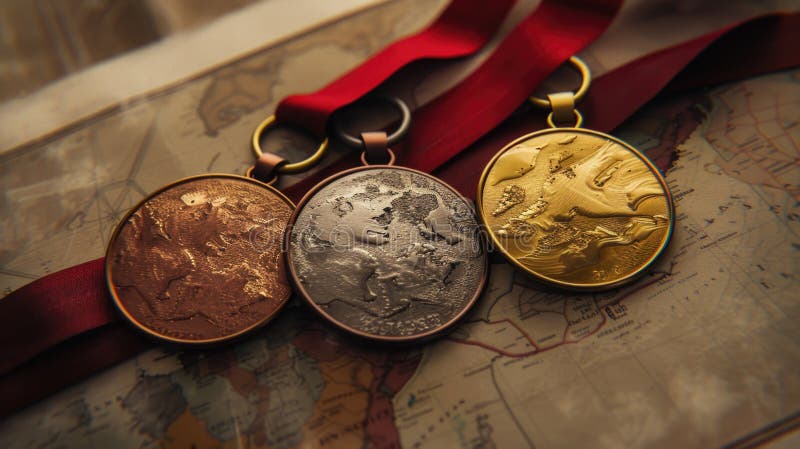 Close-up of Three Medals on a Map with Geographic Features Stock Photo ...