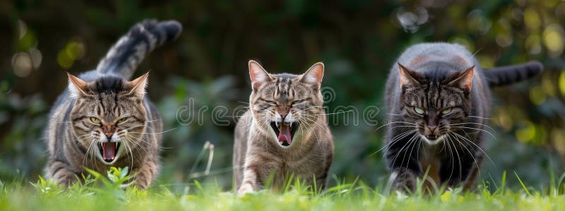 Three Menacing Cats Lined Up, Exuding an Air of Ferocity. Stock ...
