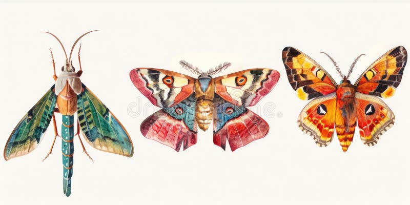Close-up of Three Moths with Distinct Colors Sitting on a White Surface ...