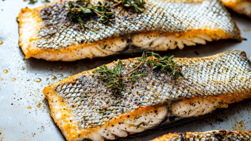 Close-up of Three Pan-seared Seasoned Fish Fillets with Herbs Stock ...