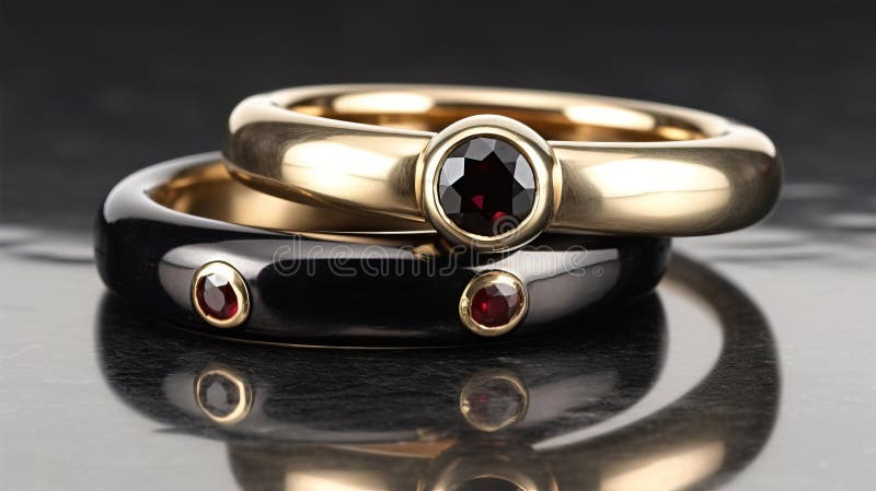 A Close Up of Three Rings on a Table with a Reflection Stock ...