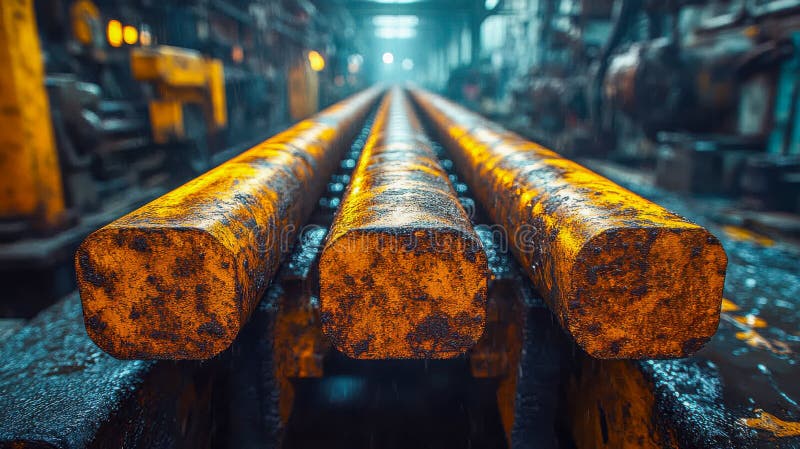 Close-up of Three Rusty Steel Bars in an Industrial Factory, Showcasing ...