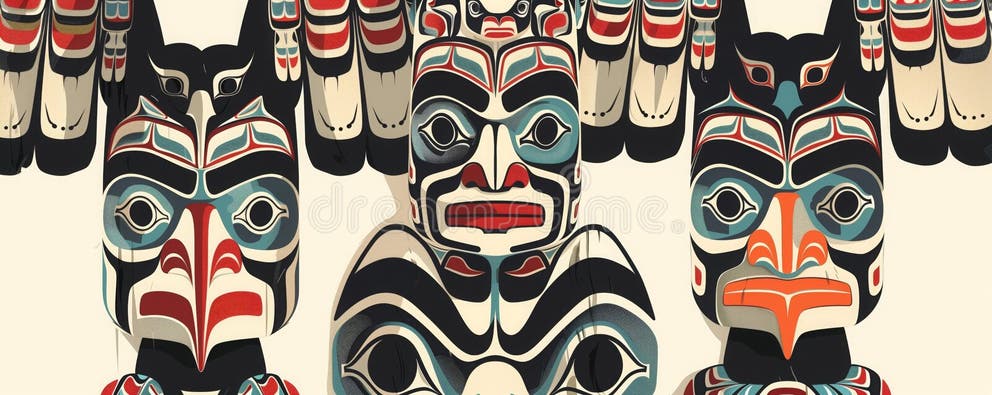A Close-up of Three Totem Pole Masks with Traditional Design Elements ...