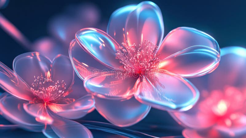 Close-up of Three Translucent Pink and Blue Flowers with a Blurred ...