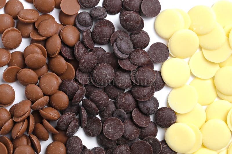 Close Up of Three Types of Couverture Chocolate. Chocolate Callets ...