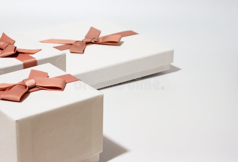 Three White Gift Boxes on Empty White Background Stock Photo - Image of ...