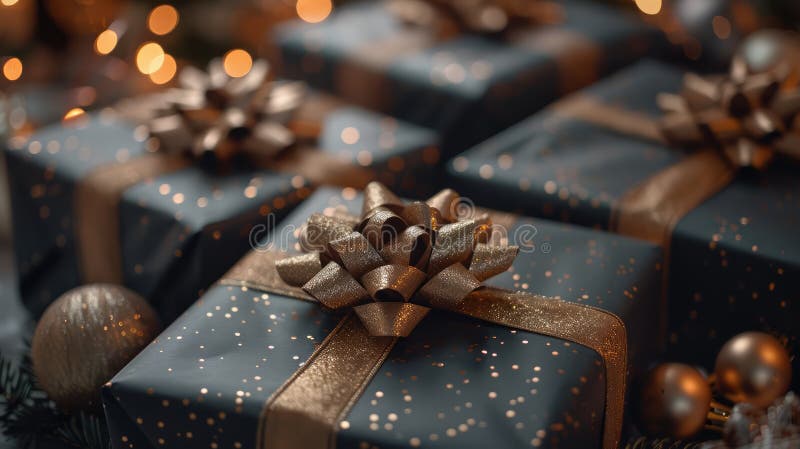 Three Wrapped Presents with Red Ribbon on Them are Stacked on Top of ...