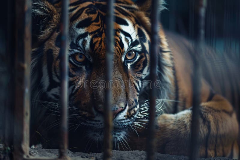 Close Up of Tiger in Cage Behind Bars Stock Illustration - Illustration ...