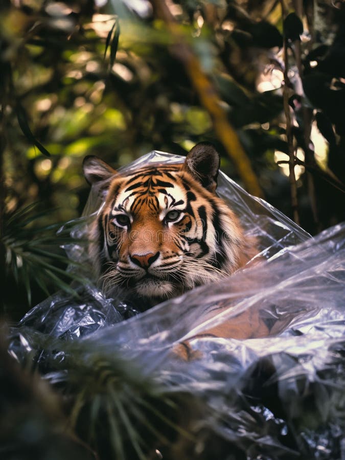 Close Up of a Tiger in a Forest Covered in Plastic Creates the Concept ...