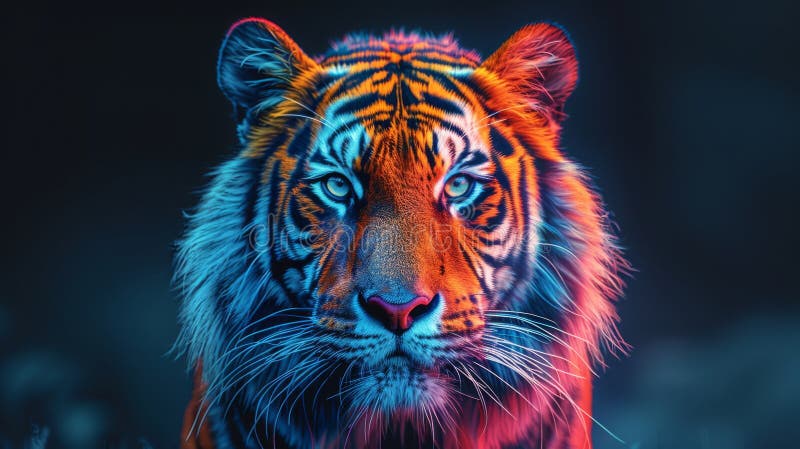 Close-up of a Tiger Illuminated by Colorful Neon Lights Stock Image ...