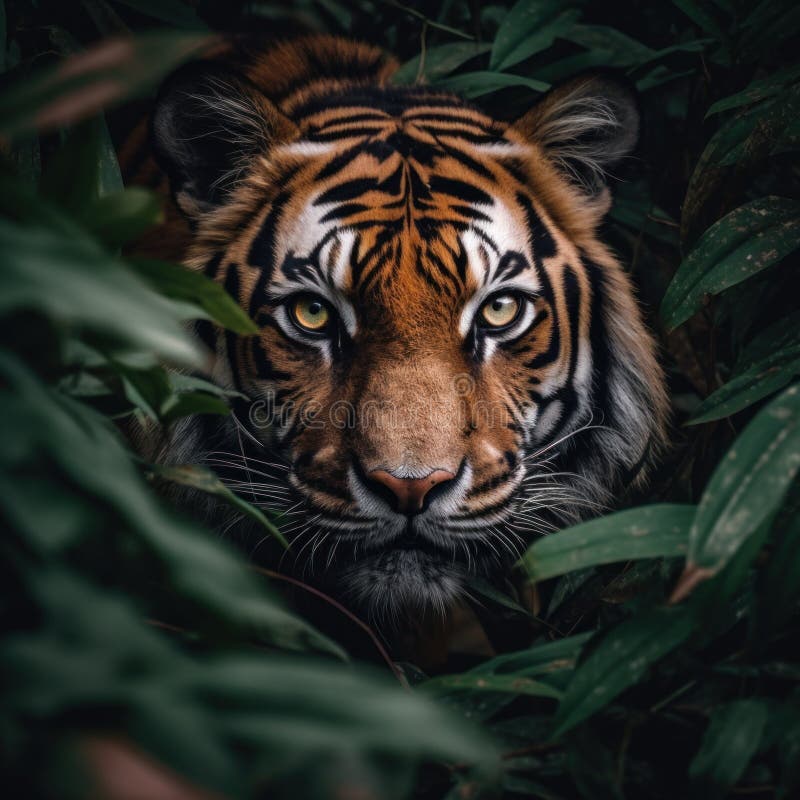 A Close Up of a Tiger S Face Surrounded by Leaves. Generative AI Image ...