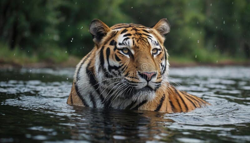 Close-up of a Tiger S Head in the Water. the Tiger is Crossing the ...