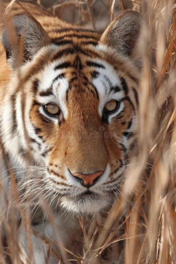 Close-Up of a Tiger in Tall Grass Stock Illustration - Illustration of conservation, powerful ...