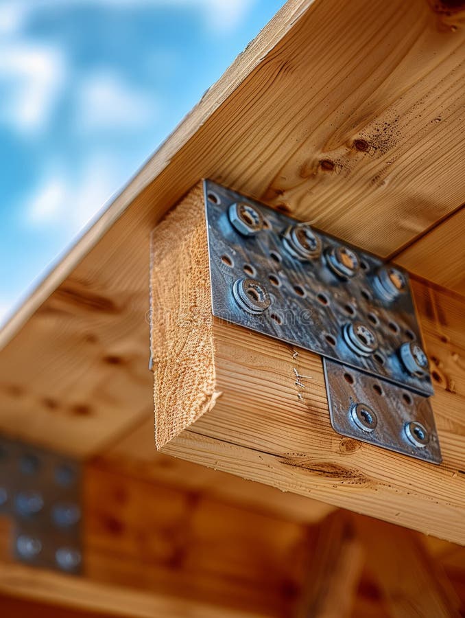 Close-up of Timber Framing with Metal Brackets and Blue Sky in the ...