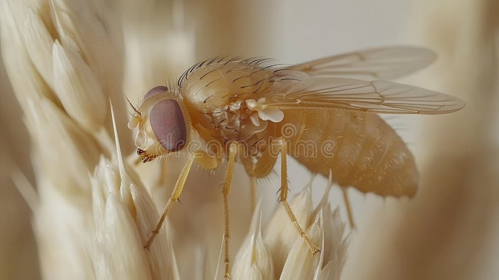 Closeup of a Tiny Fly with Translucent Wings Perched on a Pale Stalk ...