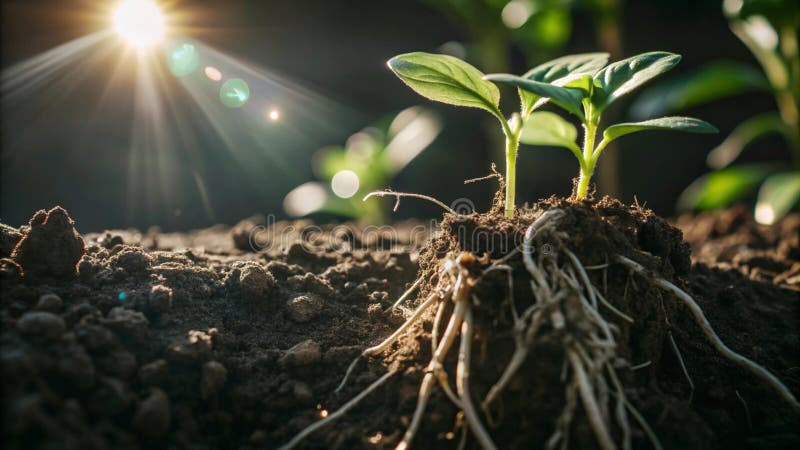 A Close-up of Tiny Plant Roots Being Carefully Settled into Soil, with Morning Light ...