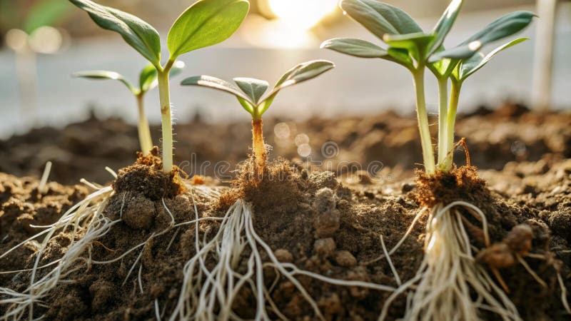 A Close-up of Tiny Plant Roots Being Carefully Settled into Soil, with Morning Light ...