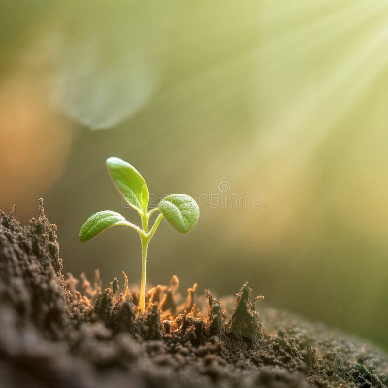 A Close-up of a Tiny Seedling Emerging from the Soil, with Rays of ...